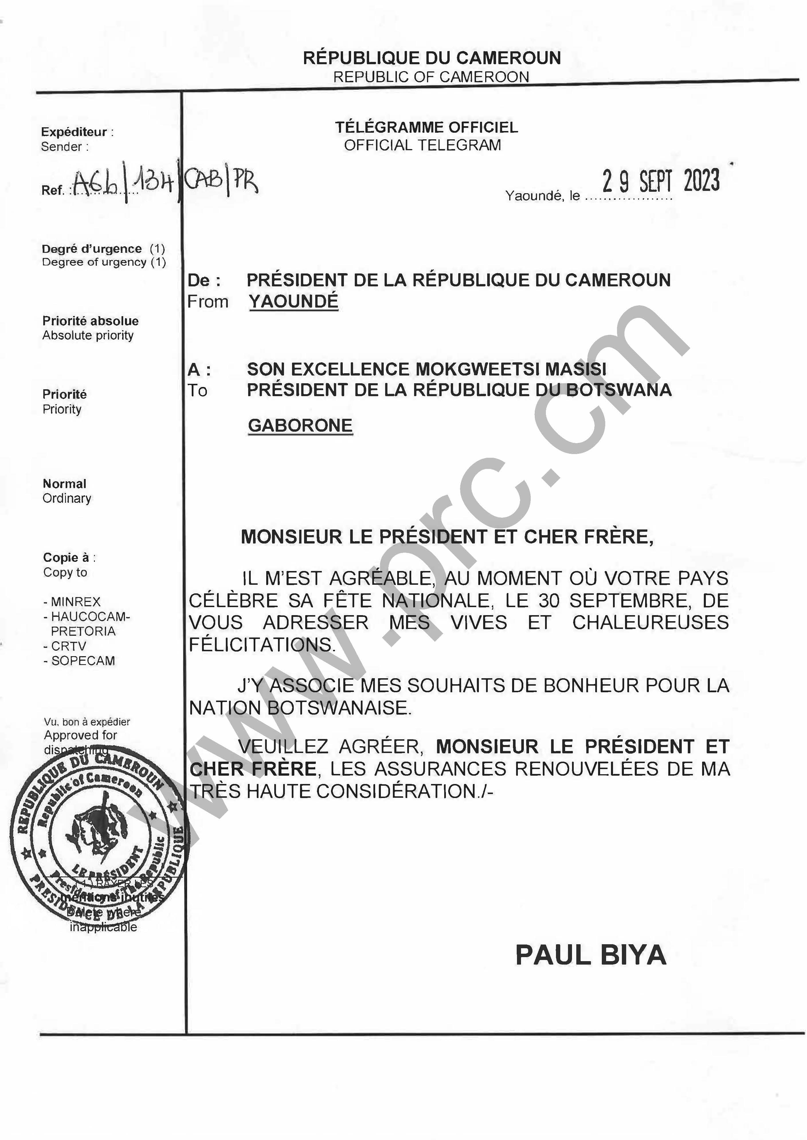 Message de félicitations du Chef de l’État à S.E. Mokgweetsi Masisi, à l'occasion de la fête ...